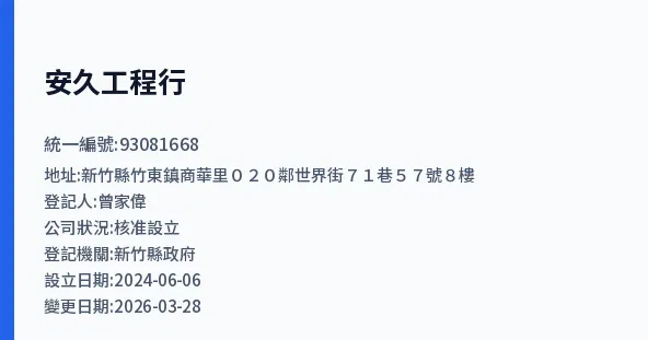 安久工程行的照片-統編 93081668(新竹縣) 公司登記資料與營業項目詳細圖表