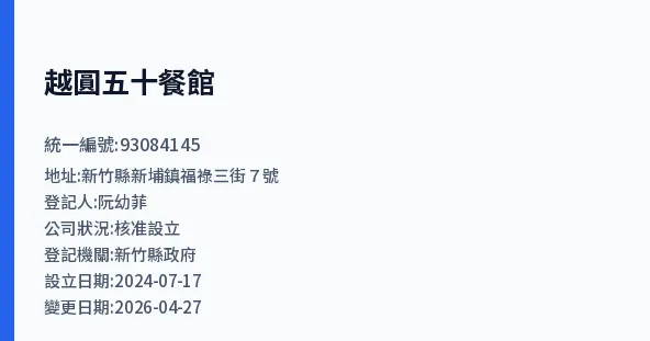 越圓五十餐館的照片-統編 93084145(新竹縣) 公司登記資料與營業項目詳細圖表