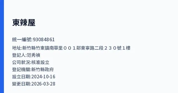 東辣屋的照片-統編 93084861(新竹縣) 公司登記資料與營業項目詳細圖表