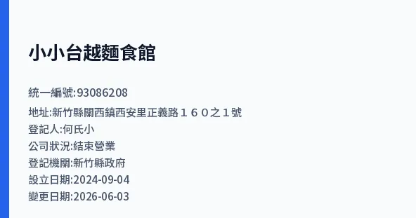 小小台越麵食館的照片-統編 93086208(新竹縣) 公司登記資料與營業項目詳細圖表
