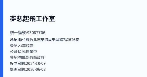 夢想起飛工作室的照片-統編 93087706(新竹縣) 公司登記資料與營業項目詳細圖表