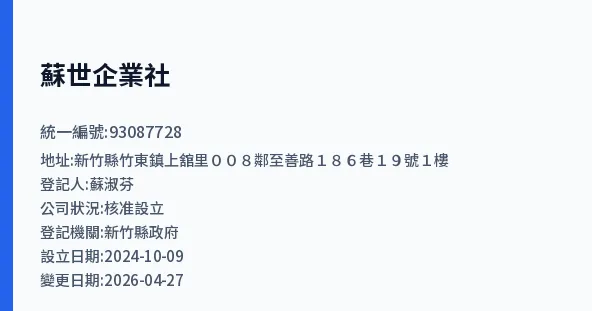 蘇世企業社的照片-統編 93087728(新竹縣) 公司登記資料與營業項目詳細圖表