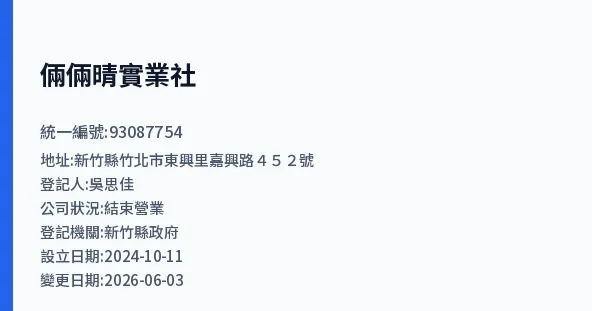 倆倆晴實業社的照片-統編 93087754(新竹縣) 公司登記資料與營業項目詳細圖表