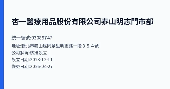 杏一醫療用品股份有限公司泰山明志門市部的照片-統編 93089747(新北市) 公司登記資料與營業項目詳細圖表