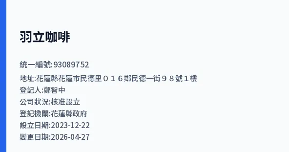 羽立咖啡的照片-統編 93089752(花蓮縣) 公司登記資料與營業項目詳細圖表