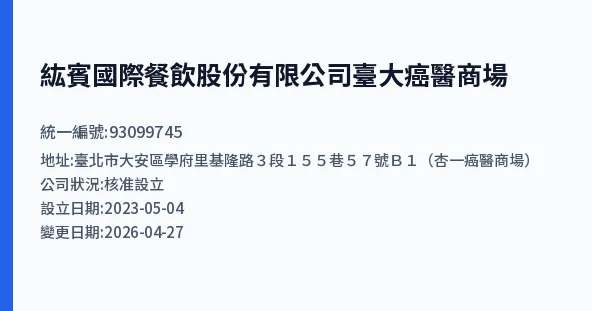 紘賓國際餐飲股份有限公司臺大癌醫商場的照片-統編 93099745(臺北市) 公司登記資料與營業項目詳細圖表