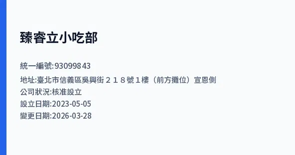 臻睿立小吃部的照片-統編 93099843(臺北市) 公司登記資料與營業項目詳細圖表