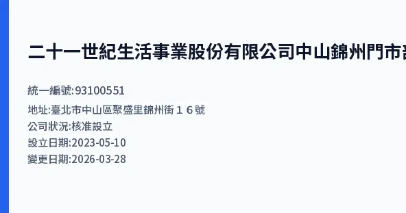 二十一世紀生活事業股份有限公司中山錦州門市部的照片-統編 93100551(臺北市) 公司登記資料與營業項目詳細圖表