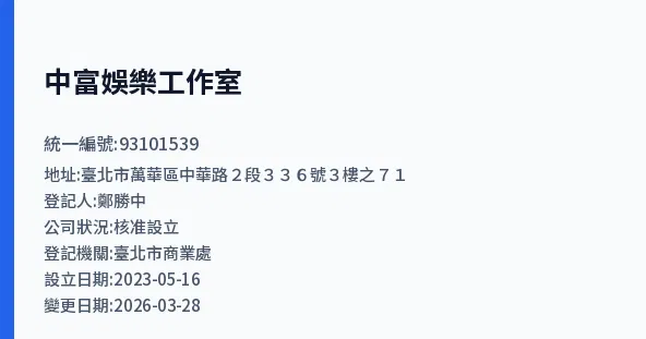中富娛樂工作室的照片-統編 93101539(臺北市) 公司登記資料與營業項目詳細圖表
