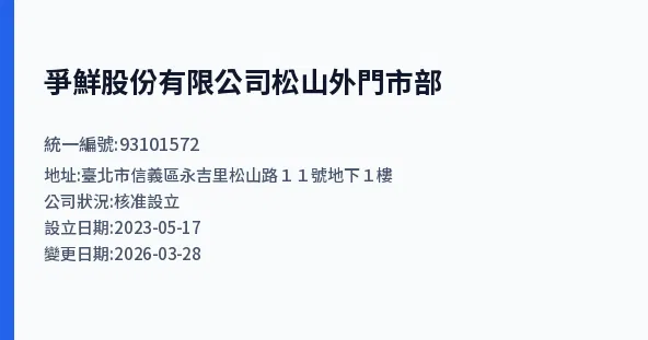 爭鮮股份有限公司松山外門市部的照片-統編 93101572(臺北市) 公司登記資料與營業項目詳細圖表