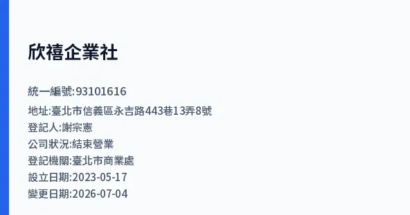 欣禧企業社的照片-統編 93101616(臺北市) 公司登記資料與營業項目詳細圖表
