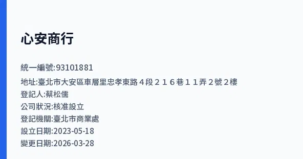 心安商行的照片-統編 93101881(臺北市) 公司登記資料與營業項目詳細圖表