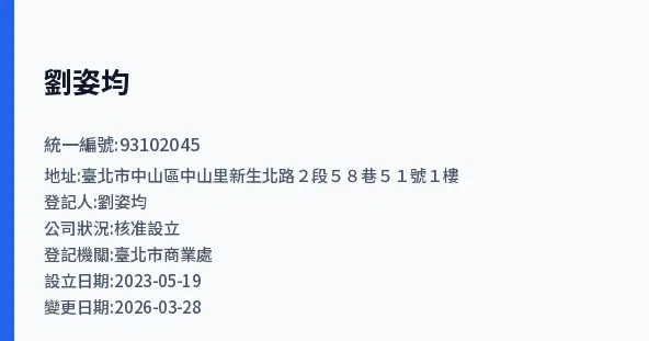 劉姿均的照片-統編 93102045(臺北市) 公司登記資料與營業項目詳細圖表