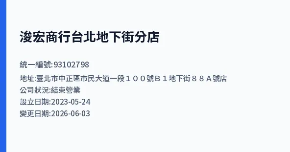 浚宏商行台北地下街分店的照片-統編 93102798(臺北市) 公司登記資料與營業項目詳細圖表