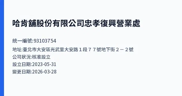 哈肯舖股份有限公司忠孝復興營業處的照片-統編 93103754(臺北市) 公司登記資料與營業項目詳細圖表