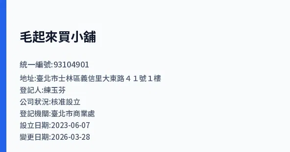 毛起來買小舖的照片-統編 93104901(臺北市) 公司登記資料與營業項目詳細圖表