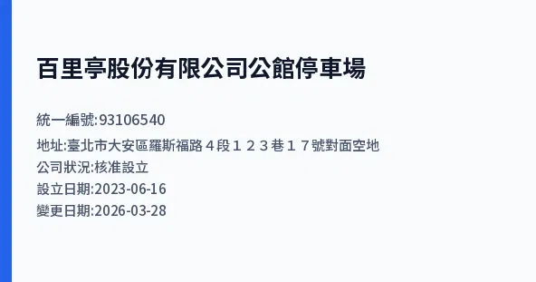 百里亭股份有限公司公館停車場的照片-統編 93106540(臺北市) 公司登記資料與營業項目詳細圖表