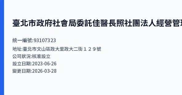 臺北市政府社會局委託佳醫長照社團法人經營管理臺北市兆如老人安養護中心的照片-統編 93107323(臺北市) 公司登記資料與營業項目詳細圖表