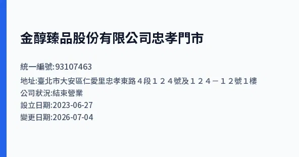 金醇臻品股份有限公司忠孝門市的照片-統編 93107463(臺北市) 公司登記資料與營業項目詳細圖表