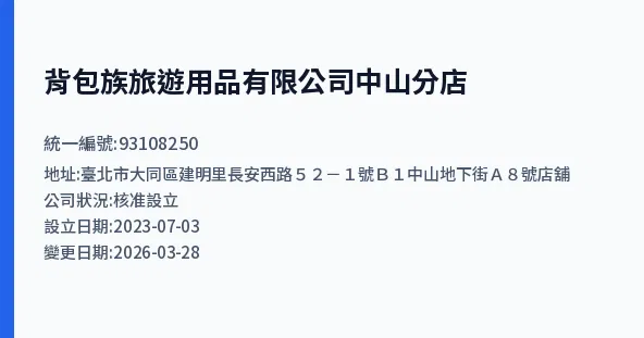 背包族旅遊用品有限公司中山分店的照片-統編 93108250(臺北市) 公司登記資料與營業項目詳細圖表