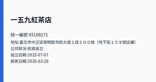 一五九紅茶店的照片-統編 93109271(臺北市) 公司登記資料與營業項目詳細圖表