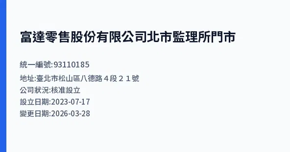 富達零售股份有限公司北市監理所門市的照片-統編 93110185(臺北市) 公司登記資料與營業項目詳細圖表