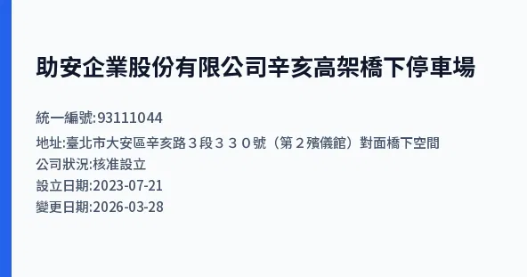 助安企業股份有限公司辛亥高架橋下停車場的照片-統編 93111044(臺北市) 公司登記資料與營業項目詳細圖表