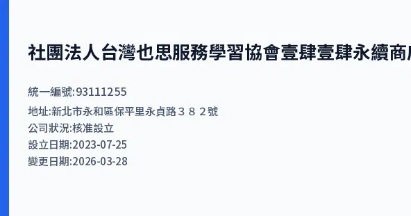社團法人台灣也思服務學習協會壹肆壹肆永續商店的照片-統編 93111255(新北市) 公司登記資料與營業項目詳細圖表
