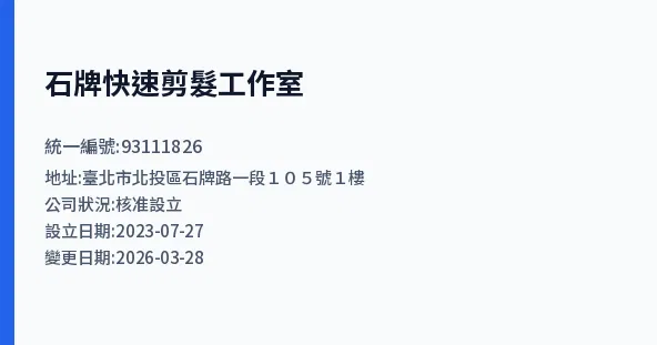 石牌快速剪髮工作室的照片-統編 93111826(臺北市) 公司登記資料與營業項目詳細圖表