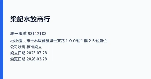 梁記水餃商行的照片-統編 93112108(臺北市) 公司登記資料與營業項目詳細圖表