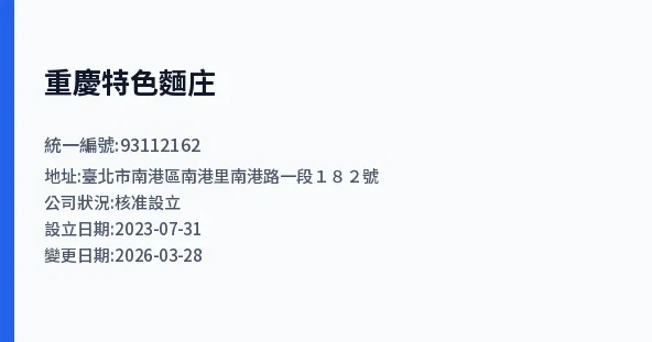 重慶特色麵庄的照片-統編 93112162(臺北市) 公司登記資料與營業項目詳細圖表