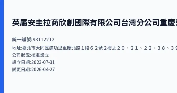 英屬安圭拉商欣創國際有限公司台灣分公司重慶營業處的照片-統編 93112212(臺北市) 公司登記資料與營業項目詳細圖表