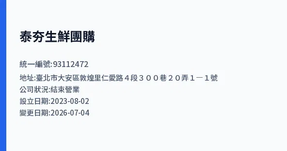 泰夯生鮮團購的照片-統編 93112472(臺北市) 公司登記資料與營業項目詳細圖表