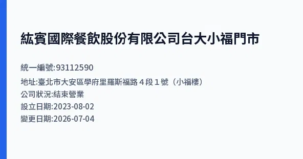 紘賓國際餐飲股份有限公司台大小福門市的照片-統編 93112590(臺北市) 公司登記資料與營業項目詳細圖表