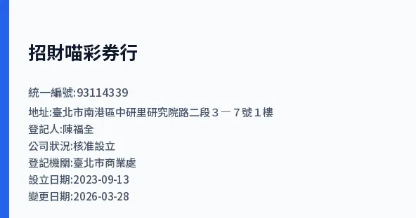 招財喵彩券行的照片-統編 93114339(臺北市) 公司登記資料與營業項目詳細圖表