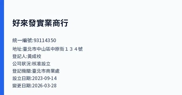 好來發實業商行的照片-統編 93114350(臺北市) 公司登記資料與營業項目詳細圖表