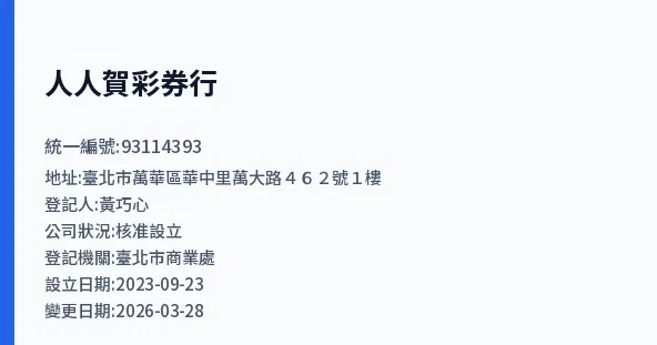 人人賀彩券行的照片-統編 93114393(臺北市) 公司登記資料與營業項目詳細圖表