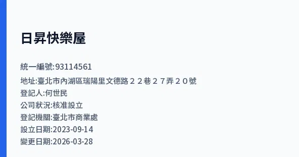 日昇快樂屋的照片-統編 93114561(臺北市) 公司登記資料與營業項目詳細圖表