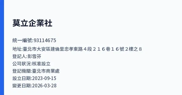 莫立企業社的照片-統編 93114675(臺北市) 公司登記資料與營業項目詳細圖表