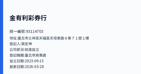 金有利彩券行的照片-統編 93114703(臺北市) 公司登記資料與營業項目詳細圖表