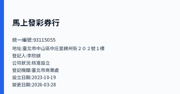 馬上發彩券行的照片-統編 93115055(臺北市) 公司登記資料與營業項目詳細圖表