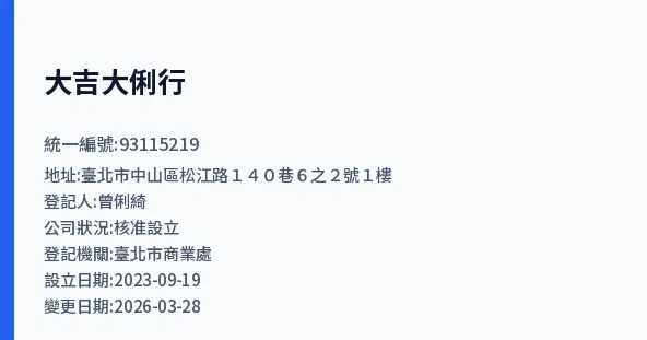 大吉大俐行的照片-統編 93115219(臺北市) 公司登記資料與營業項目詳細圖表