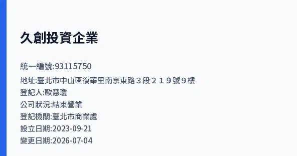久創投資企業的照片-統編 93115750(臺北市) 公司登記資料與營業項目詳細圖表