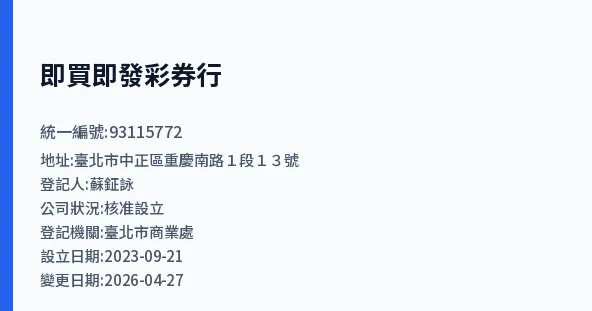 即買即發彩券行的照片-統編 93115772(臺北市) 公司登記資料與營業項目詳細圖表