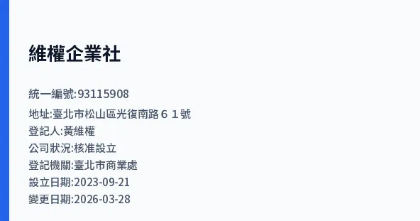 維權企業社的照片-統編 93115908(臺北市) 公司登記資料與營業項目詳細圖表