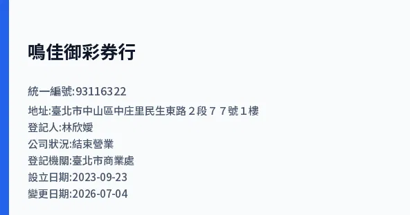 鳴佳御彩券行的照片-統編 93116322(臺北市) 公司登記資料與營業項目詳細圖表