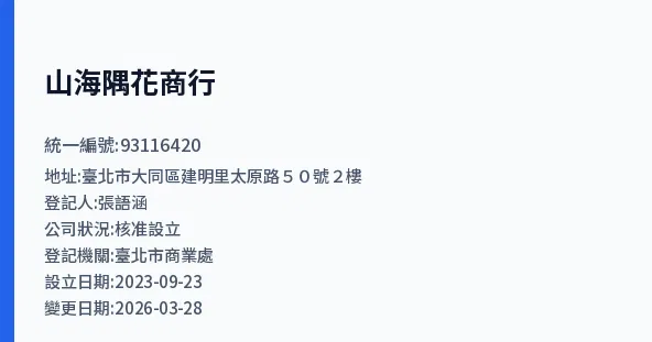 山海隅花商行的照片-統編 93116420(臺北市) 公司登記資料與營業項目詳細圖表