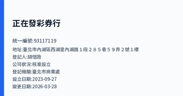 正在發彩券行的照片-統編 93117119(臺北市) 公司登記資料與營業項目詳細圖表