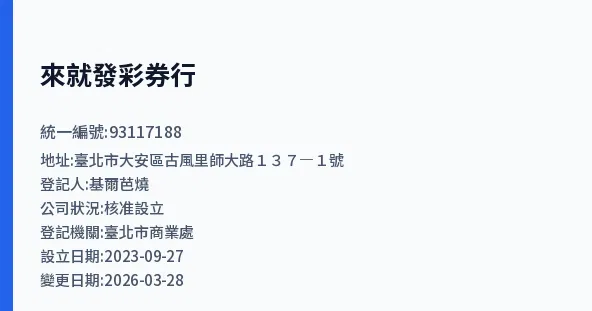 來就發彩券行的照片-統編 93117188(臺北市) 公司登記資料與營業項目詳細圖表