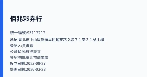 佰兆彩券行的照片-統編 93117217(臺北市) 公司登記資料與營業項目詳細圖表